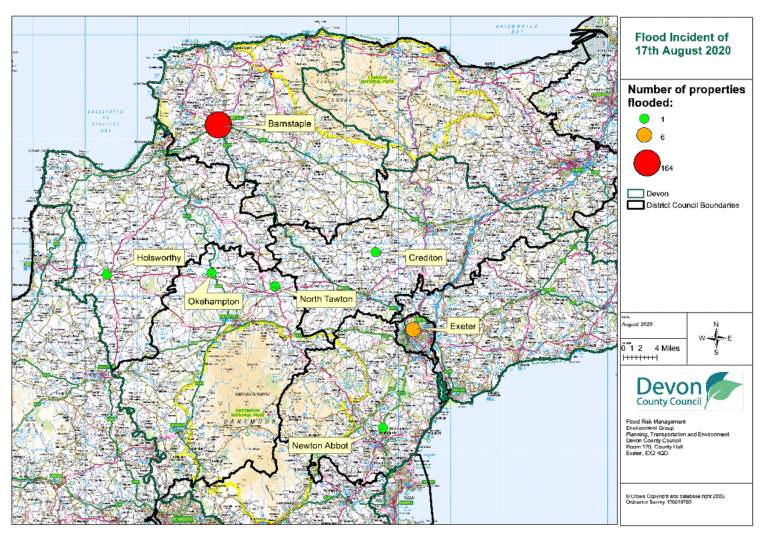 Figure 3.1 Devon wide map showing locations that were flooded ...