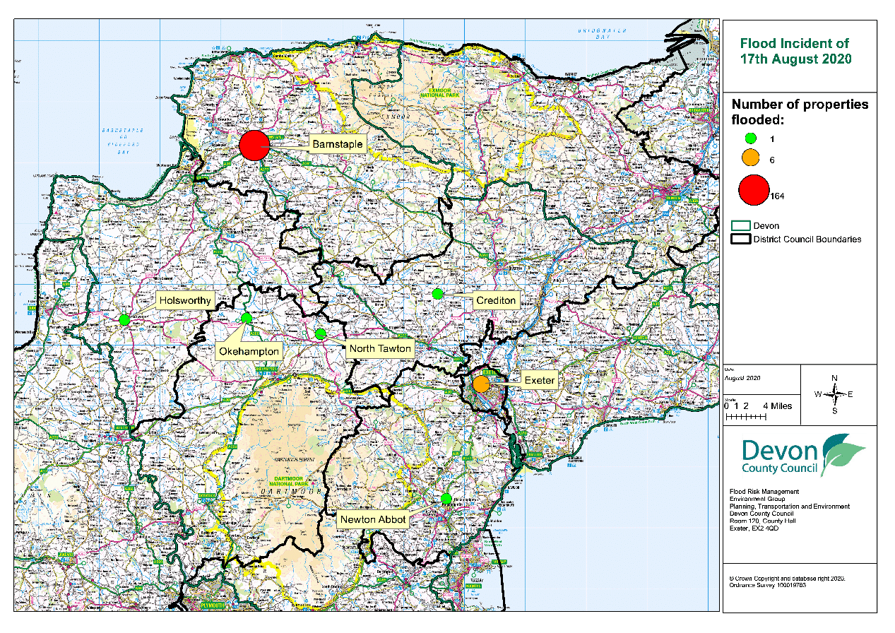Figure 3.1 Devon wide map showing locations that were flooded ...