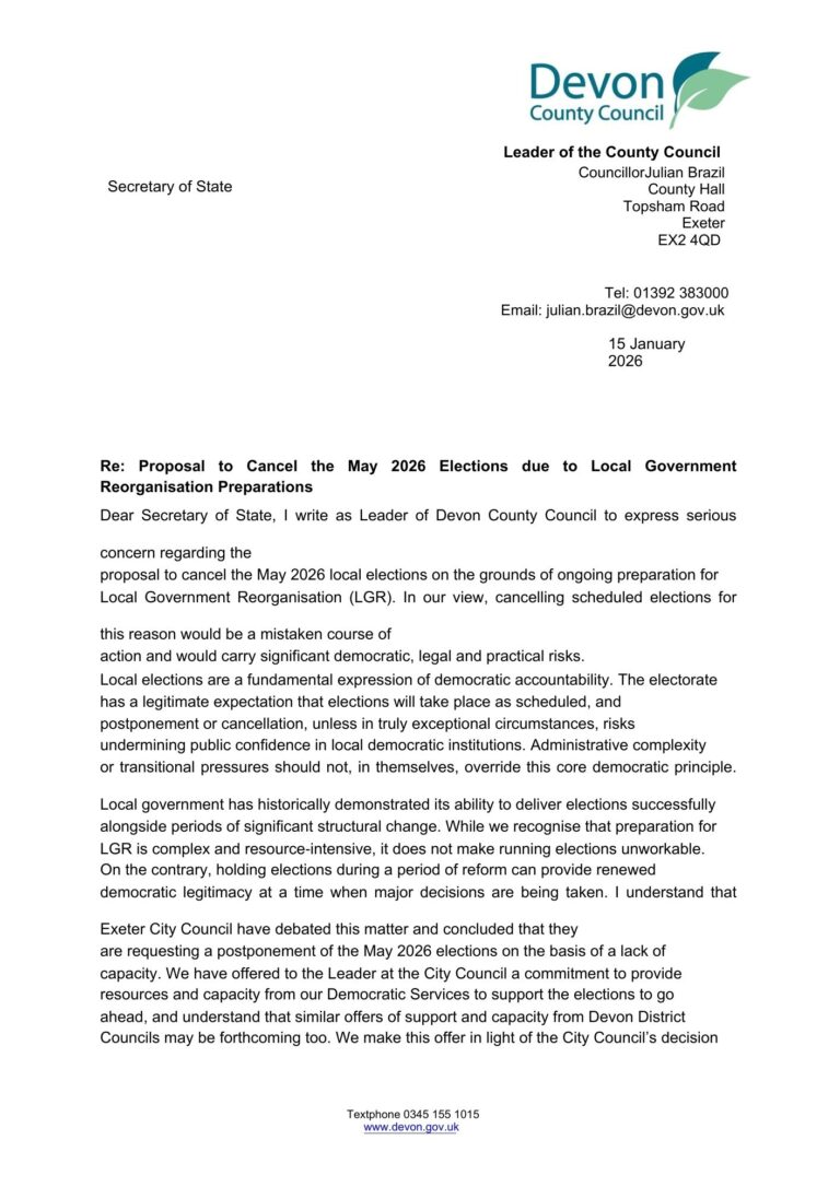 Letter from Leader of Devon County Council to Secretary of State in ...