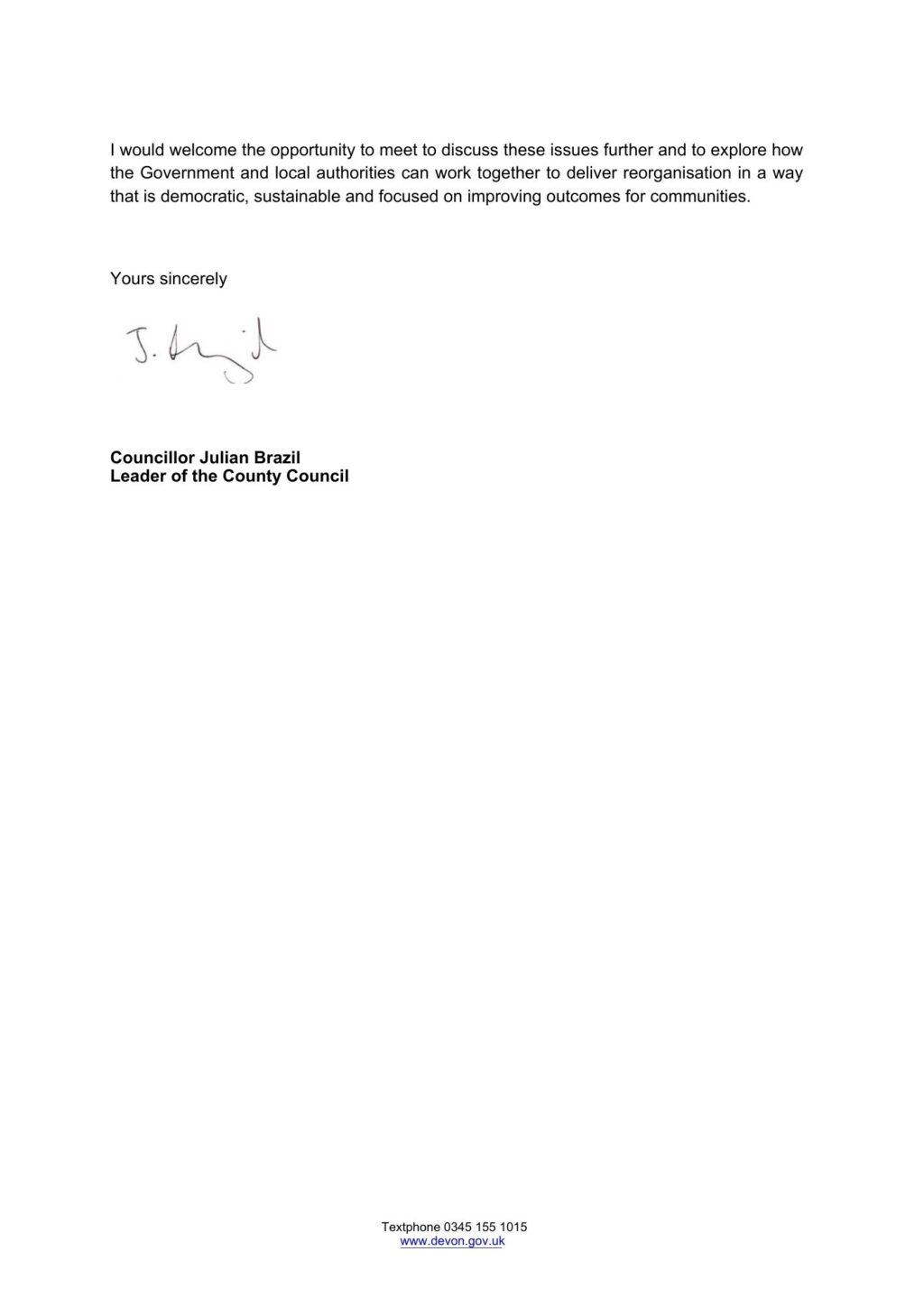 Letter from Leader of Devon County Council to Secretary of State in ...